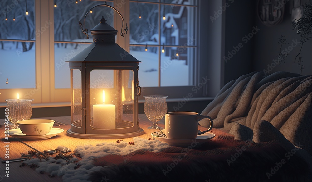 Warm and Cozy Winter Hygge Interior. Lantern, Candle Light, and a Mug ...