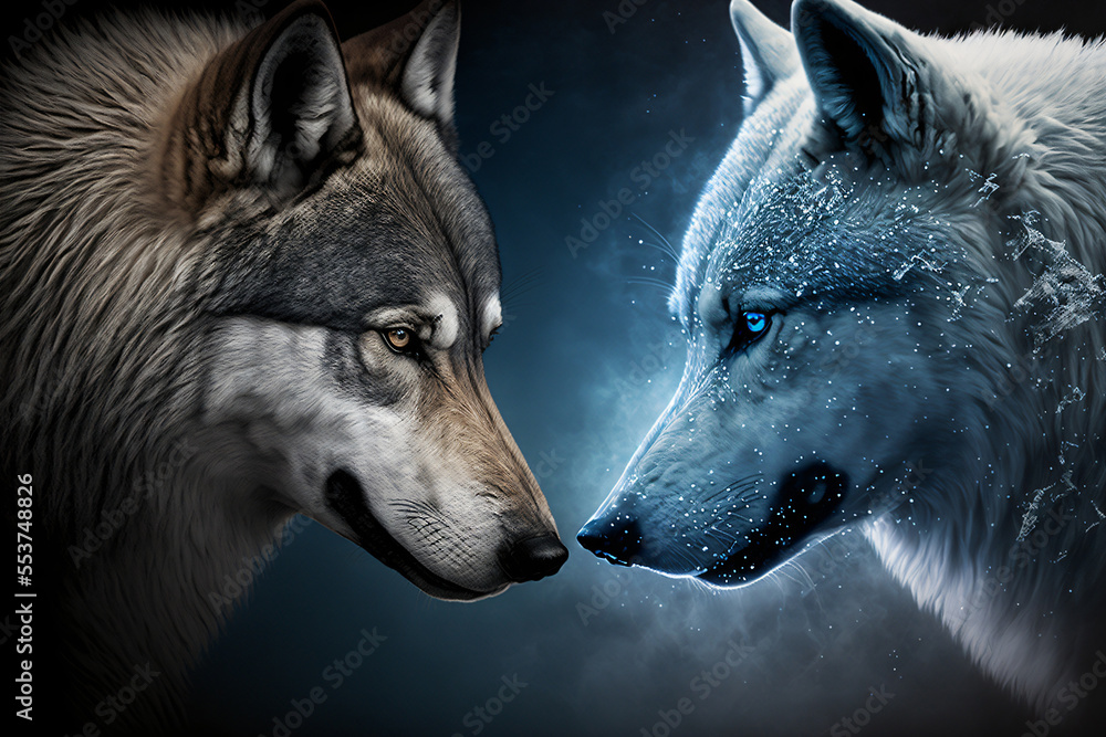 closeup of two wolves aggressive look into each other's eyes, wolf ...