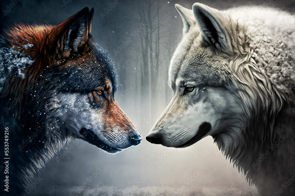 closeup of two wolves aggressive look into each other's eyes, wolf ...