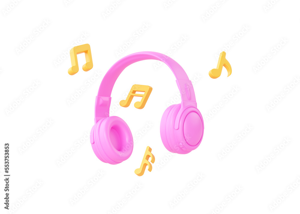 Headphones 3d render illustration - music gadget with notes, earphone ...