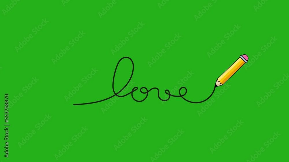 cartoon pencil writing word 'love'. Line art. Hand writing self drawing ...