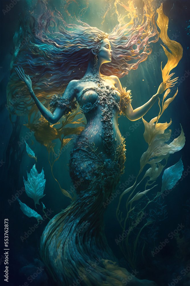 Ethereal mermaid swimming underneath the Turqoise sea. Generative AI ...