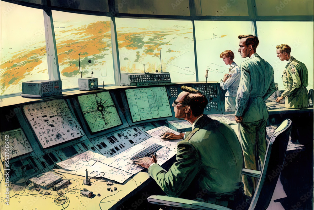 A retro interior of a 1950's space control room with operators ...
