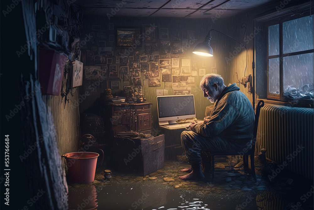 A sad, heartbreaking illustration featuring an elderly, lonely senior ...