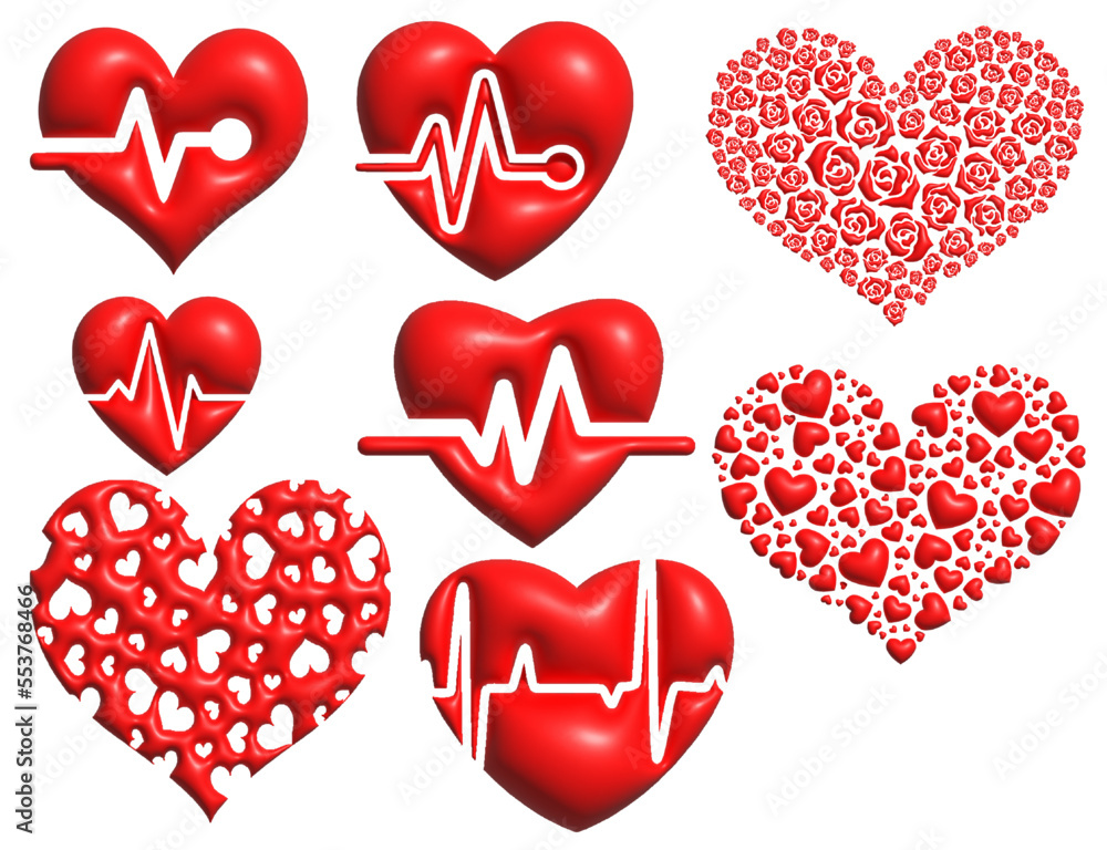 Realistic romantic emoji, red heart icon front angle view. Set of 3d ...
