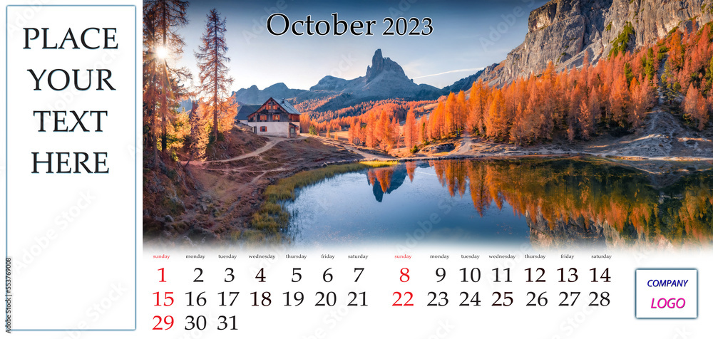October 2023. Desktop monthly calendar template with place logo and ...