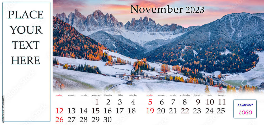 November 2023. Desktop monthly calendar template with place logo and ...