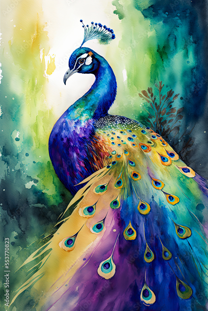 Colorful watercolor painting of a peacock, vertical. Generative AI ...