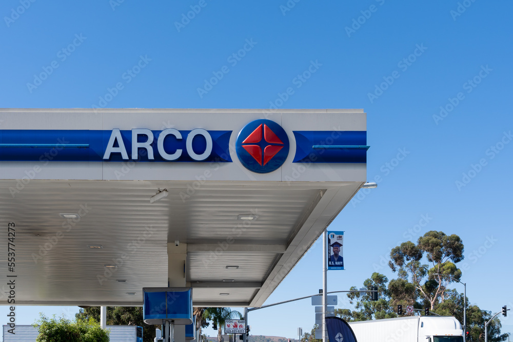 Houston, TX, USA - July 7, 2022: An ARCO gas station sign is shown ...