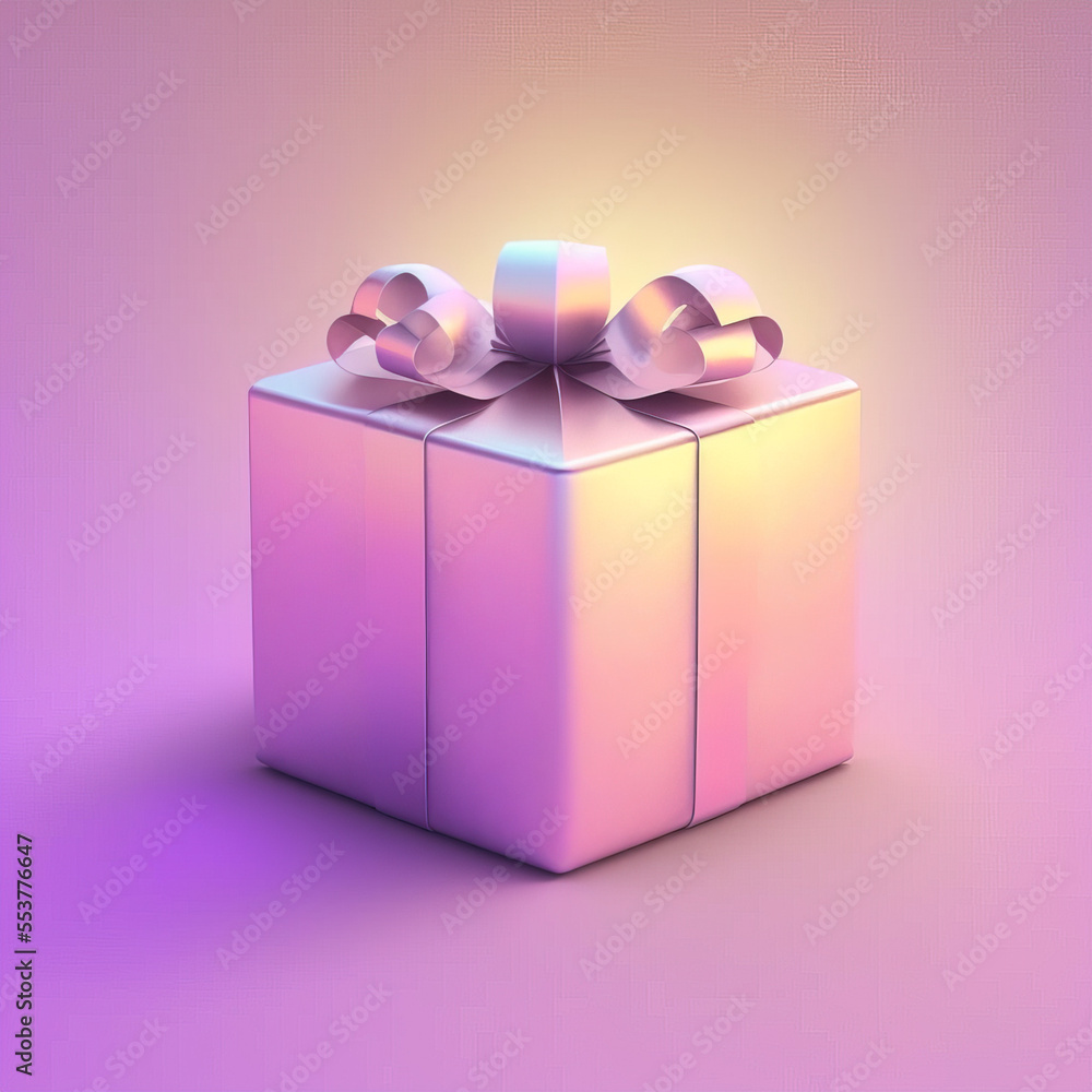 Cyberpunk gift box with ribbon bow on top, purple neon lights present ...