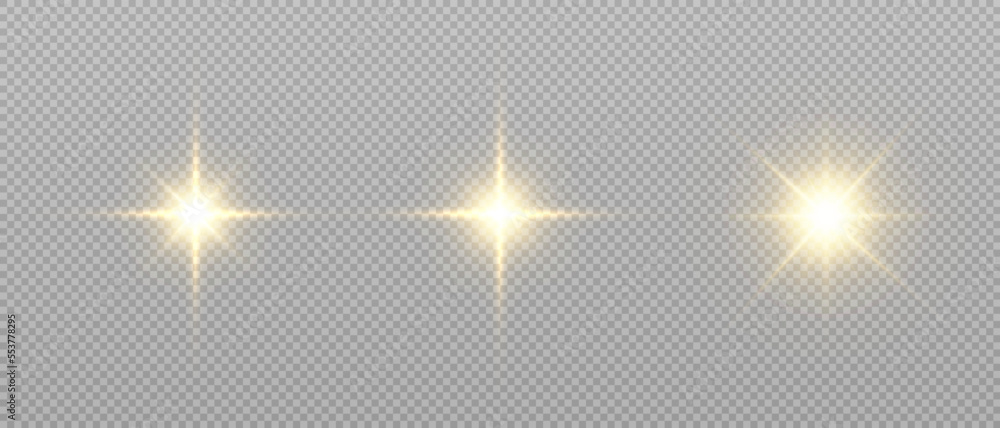 Set of light effects golden glowing light isolated on transparent background. Solar flare with ...