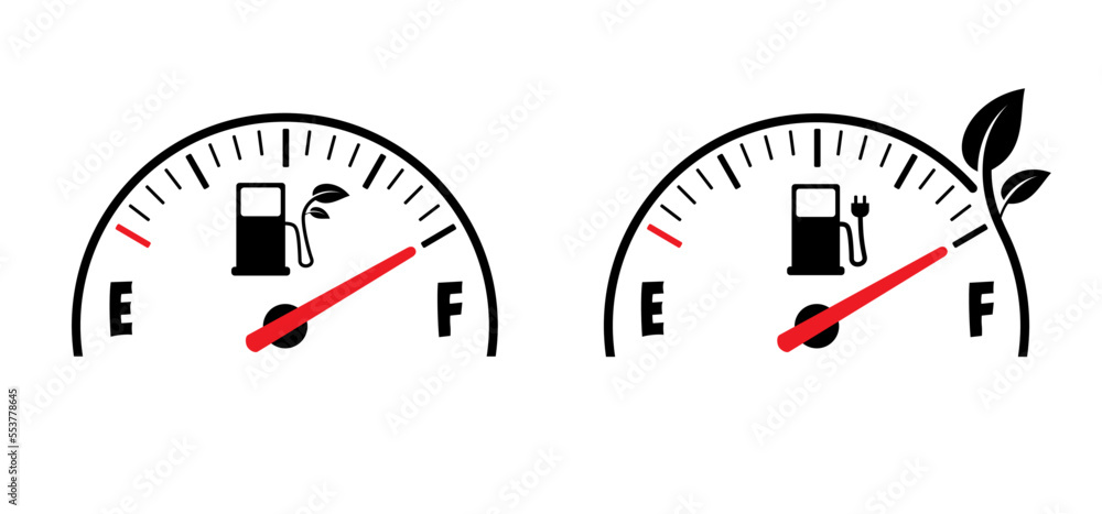 Cartoon fuel gauge. Car flling station. Petrol pump or electric plug ...