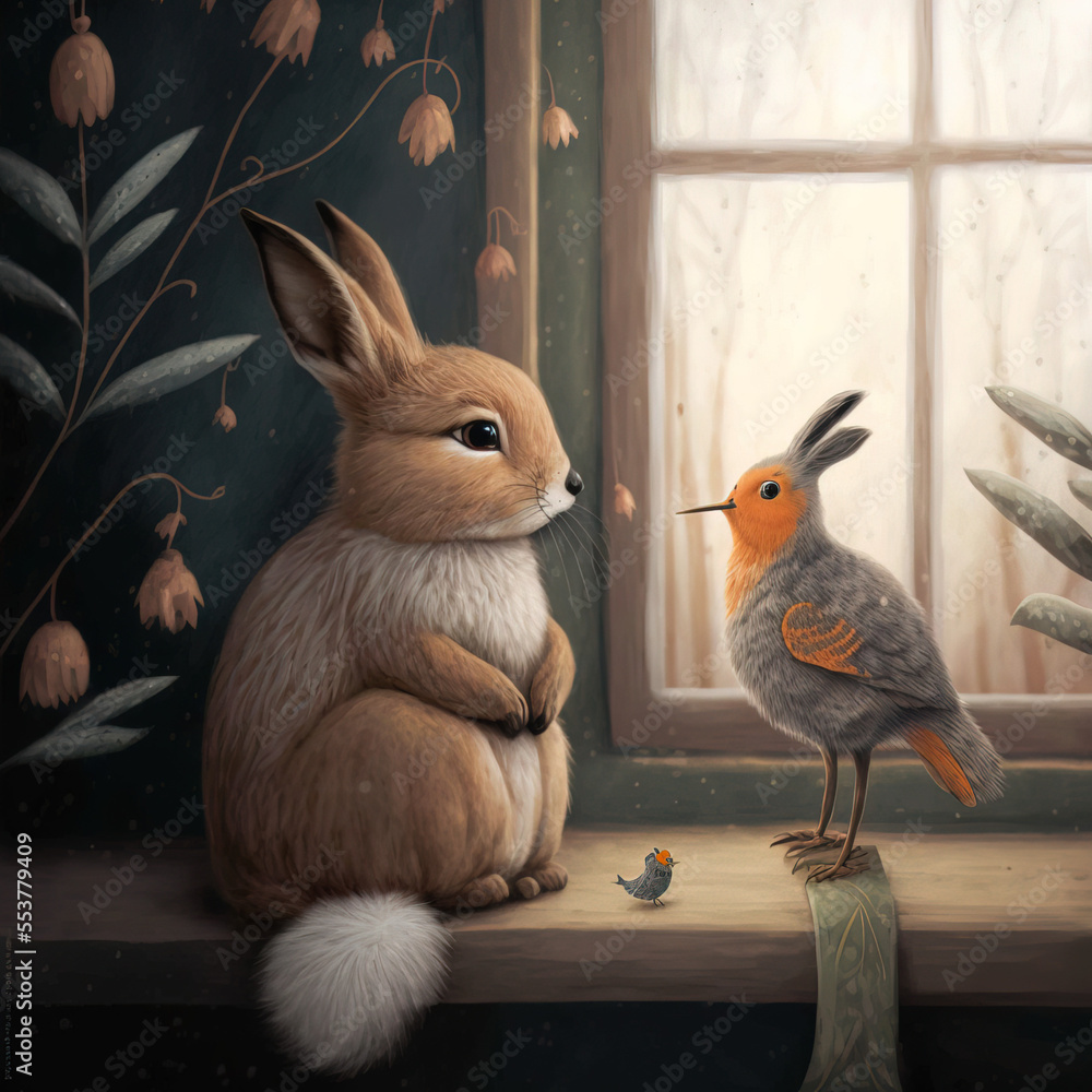 Cute animal illustration of a small rabbit and a bird having a little ...