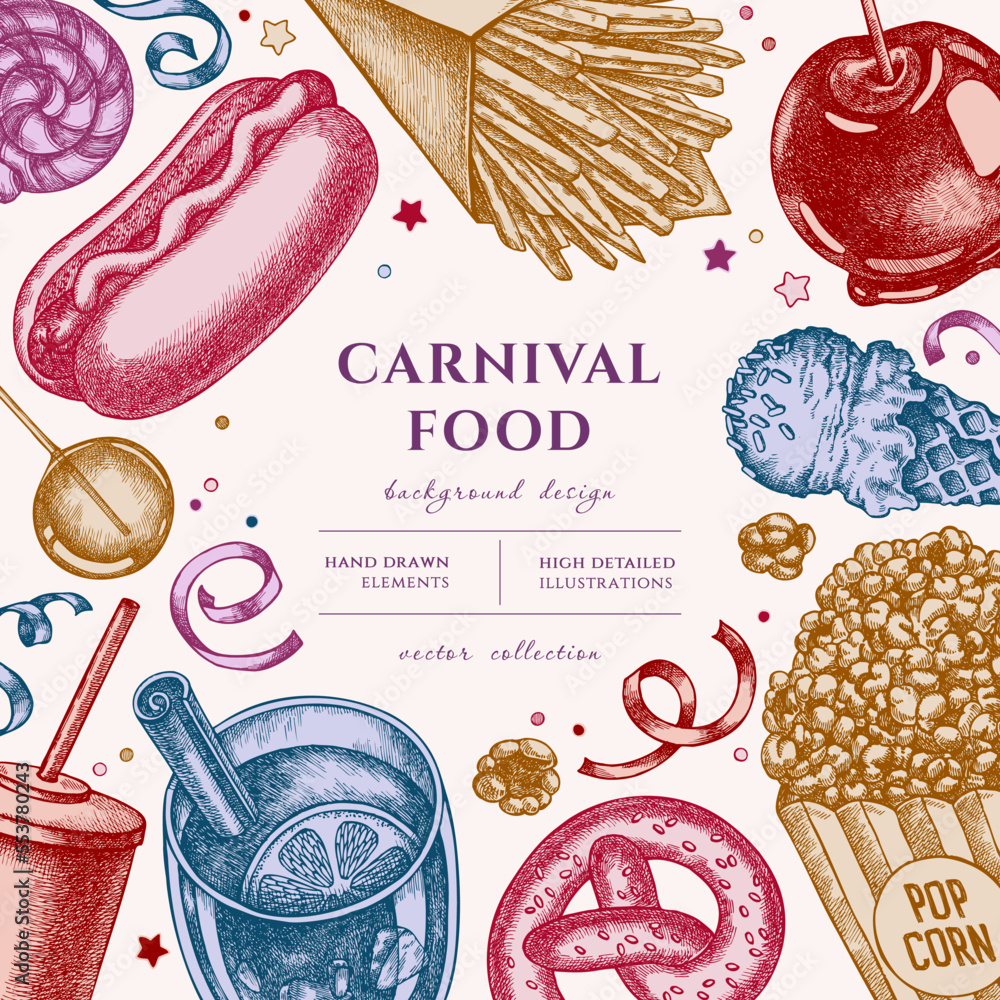 Carnival food hand drawn illustration design. Background with vintage ...