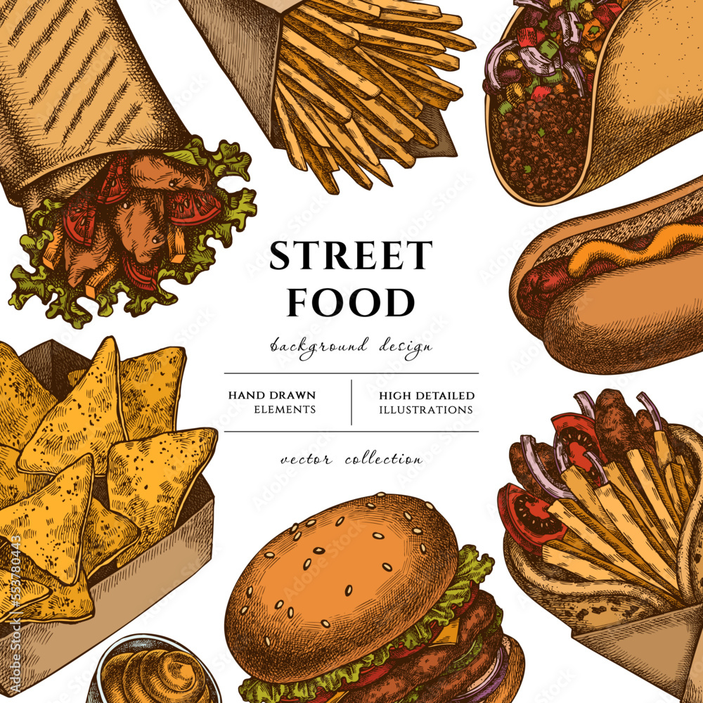 Street food hand drawn illustration design. Background with retro ...