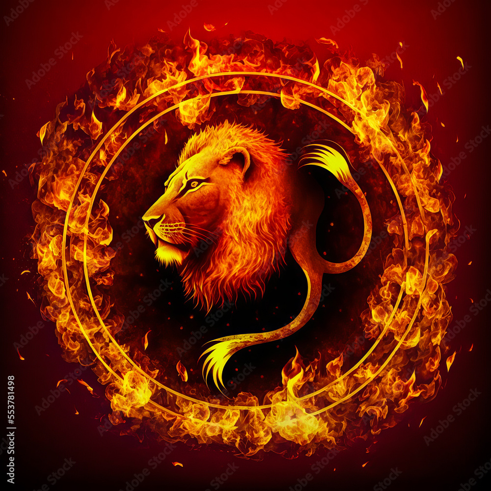 In a circle of red fire, the emblem of the astrological sign Leo lights ...