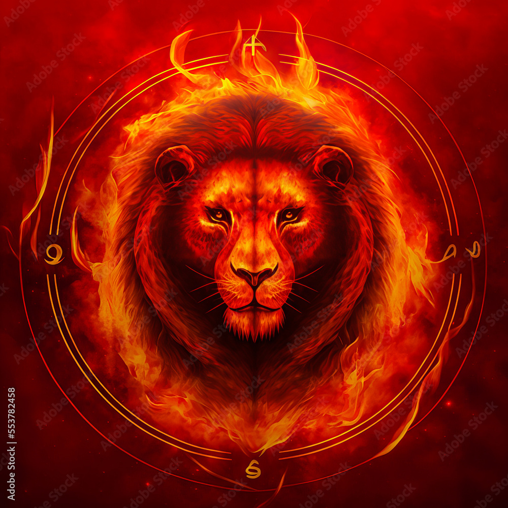 Leo astrological sign surrounded by a circle of red flames emanating ...