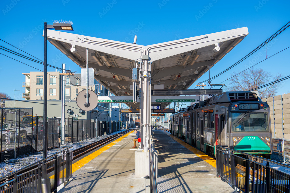 MBTA Green Line Ansaldo Breda Type 8 train at Ball Square station in ...