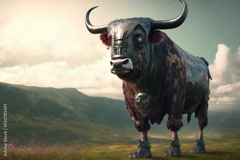 Synthwave cyberpunk robot cow illustration in Scottish highlands Stock ...