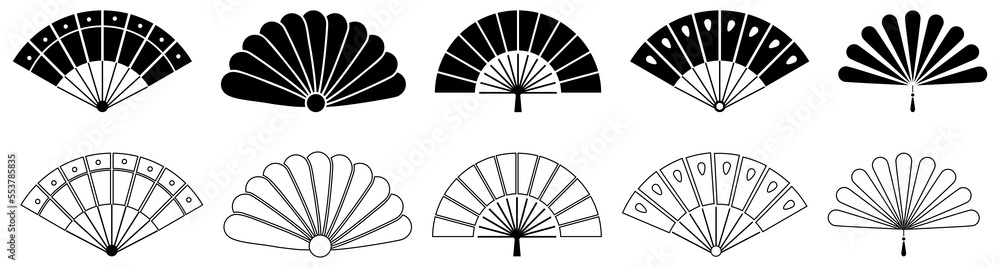 Hand fan icons collection. Folding eastern accessory. Vector ...