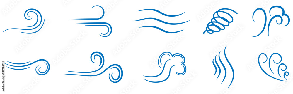Wind icon set in blue color. Vector illustration isolated on white ...