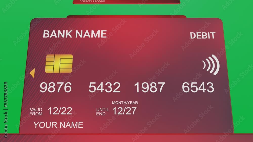 3D red plastic DEBIT cards reveal on green screen, 3D multiple DEBIT cards on green background ...