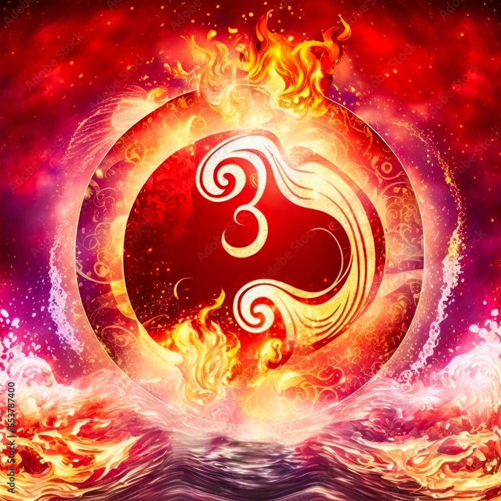 The Aquarius Zodiac symbol depicted in a circle of fire and red flames ...