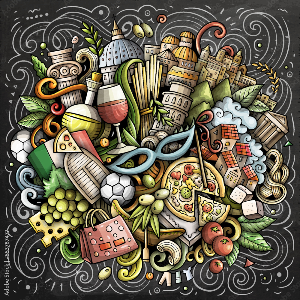 Italy hand drawn cartoon doodles illustration. Funny travel design ...