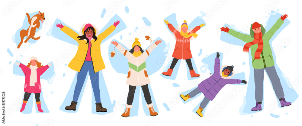 Cartoon friends and family characters making wings in snow, cheerful ...