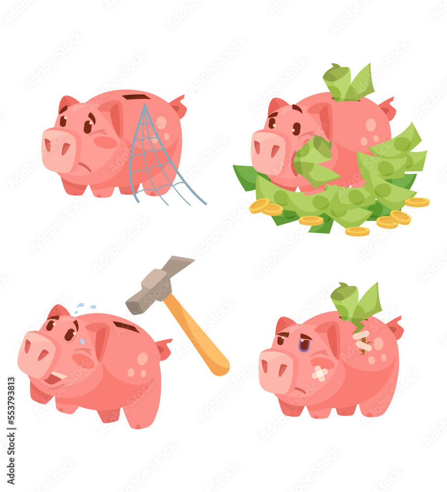Sad piggybank cartoon character vector illustrations set. Comic piggy ...