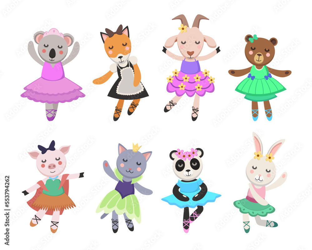 Adorable animal ballerina characters vector illustrations set ...