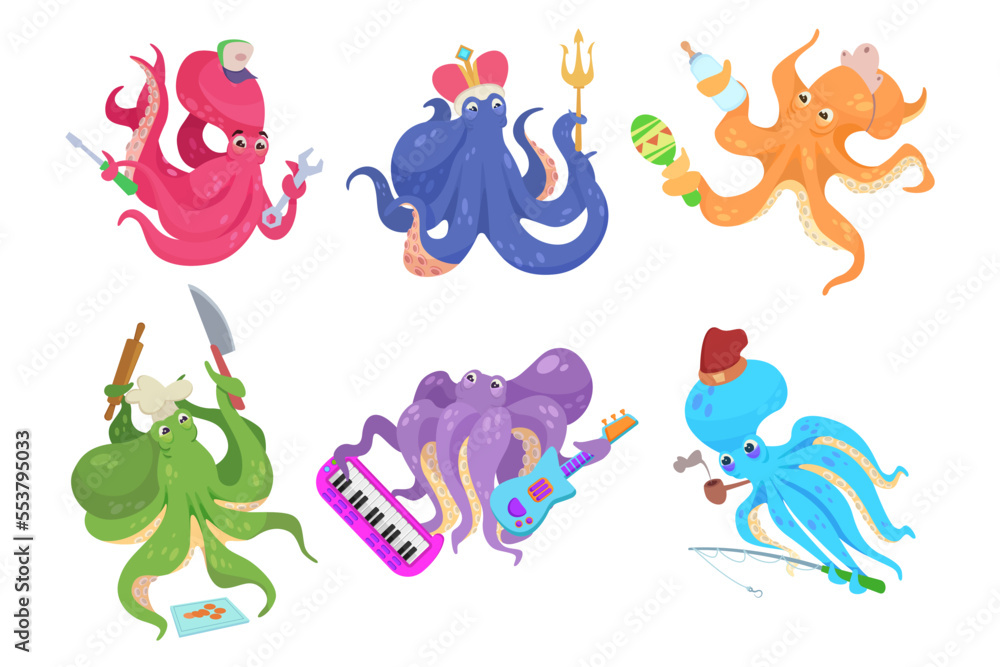 Different actions of comic octopuses vector illustrations set. Colorful ...