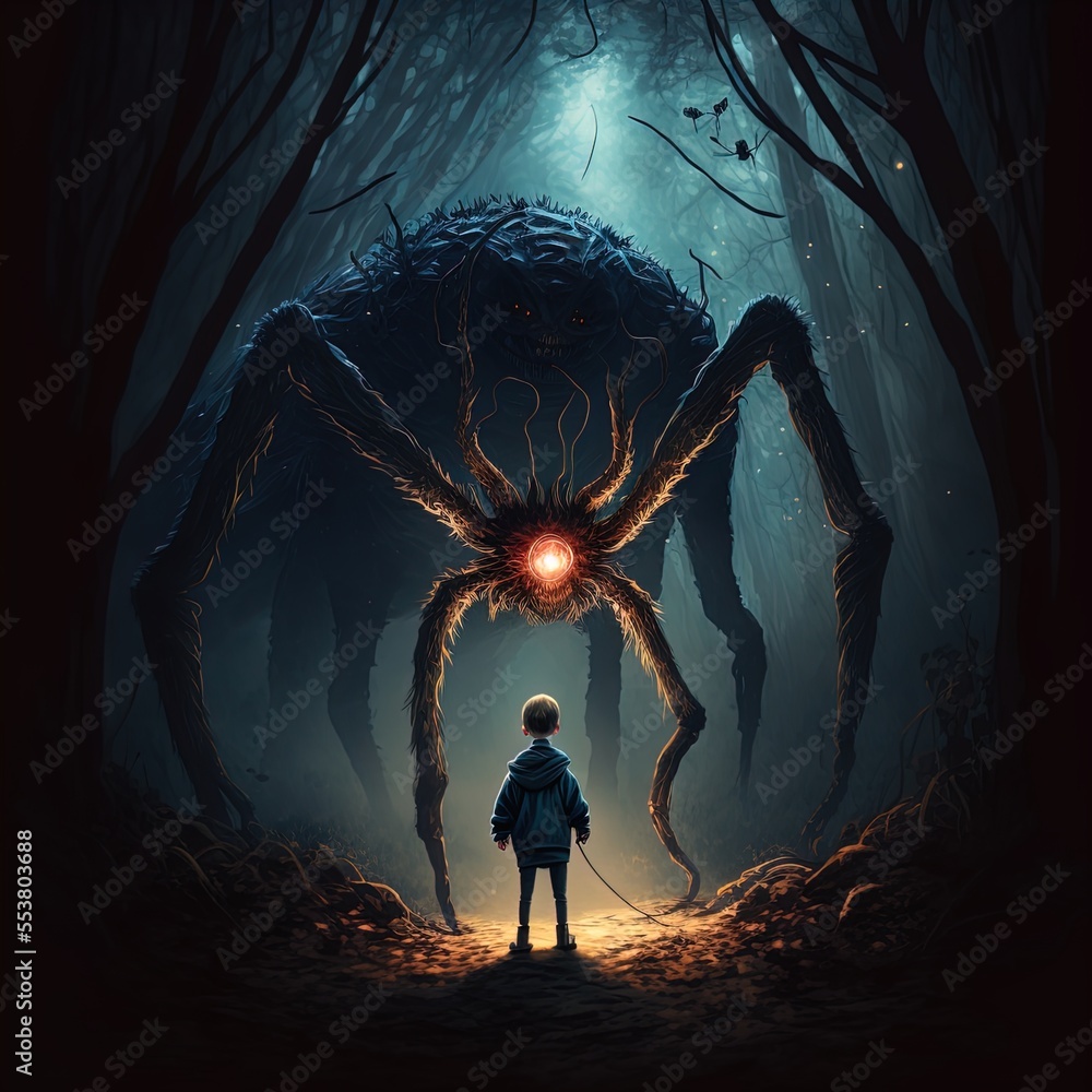 Child facing off against giant insect monster. Fantasy illustration ...