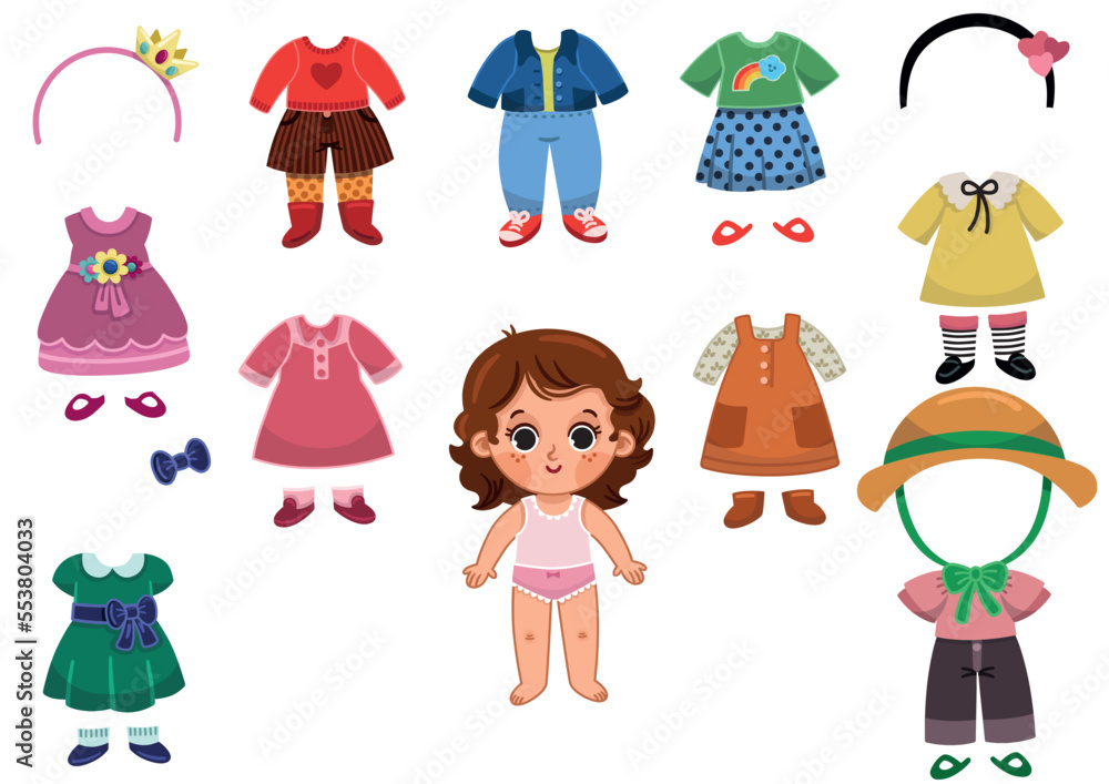 Dress up activity page with a little girl and her outfit set. Vector ...