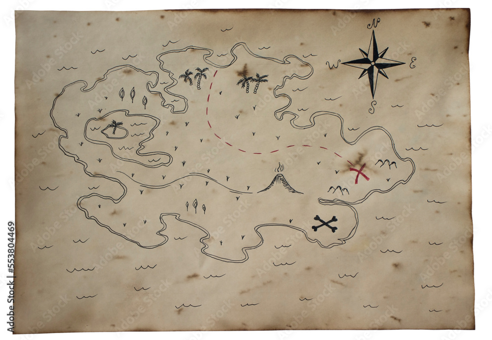 Old medieval pirate map with a treasure island. Pen drawing on vintage ...