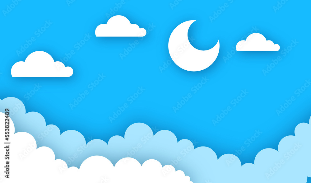 fun blue cloud paper cut style moon night papercraft background nature ...