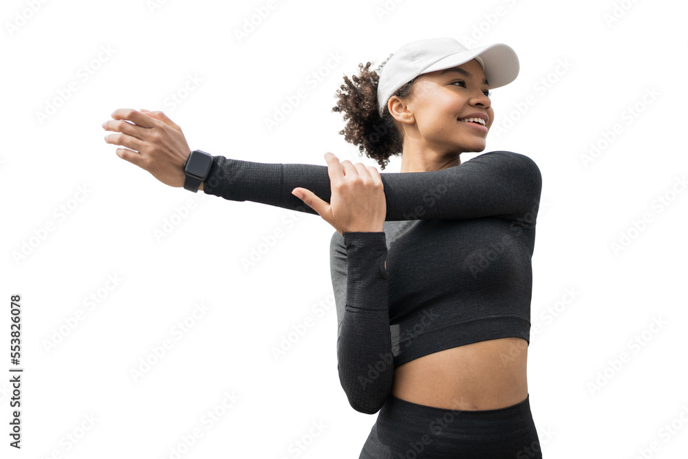 Female athlete in a sports suit transparent background. Does exercises ...