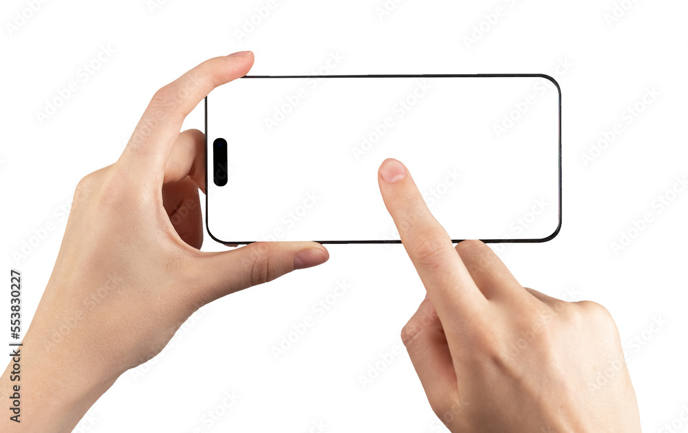 Mobile phone screen mock up. Hand holding smartphone horizontal for ...