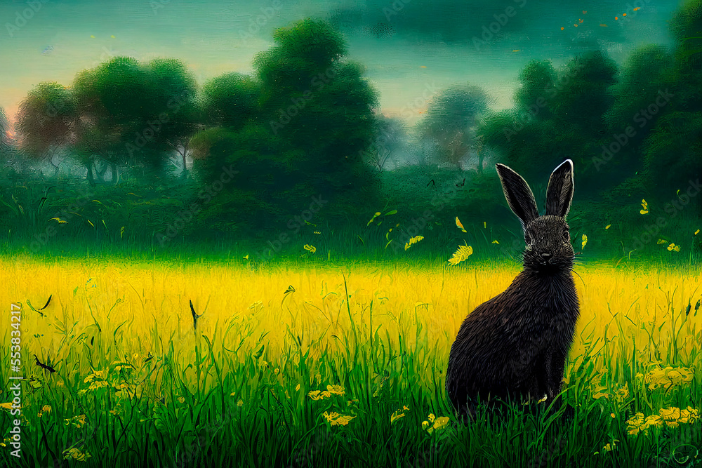Black rabbit in the forest, in the wild. Illustration for advertising ...