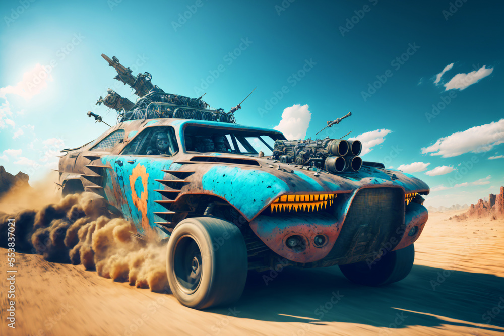 crazy futuristic car in the desert, post-apocalyptic 4x4 off road ...