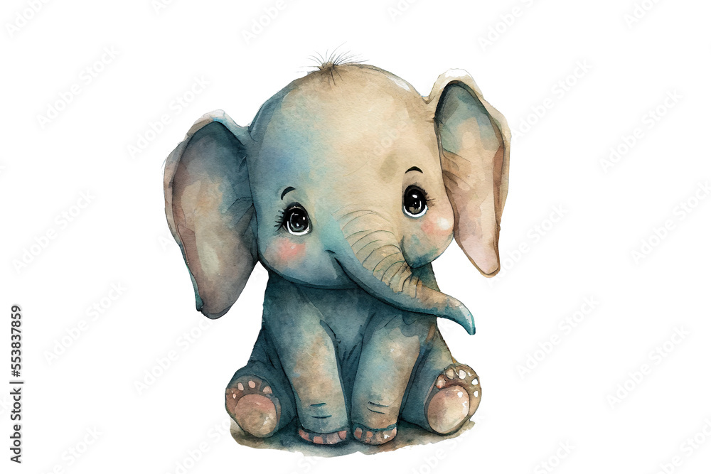 Cute watercolor illustration of a little elephant. Sitting baby ...