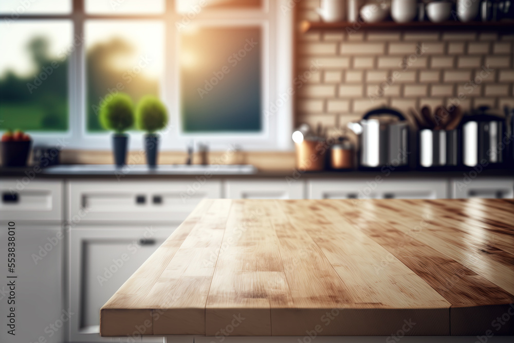 Wood table top on blur kitchen room background. Modern kitchen interior ...