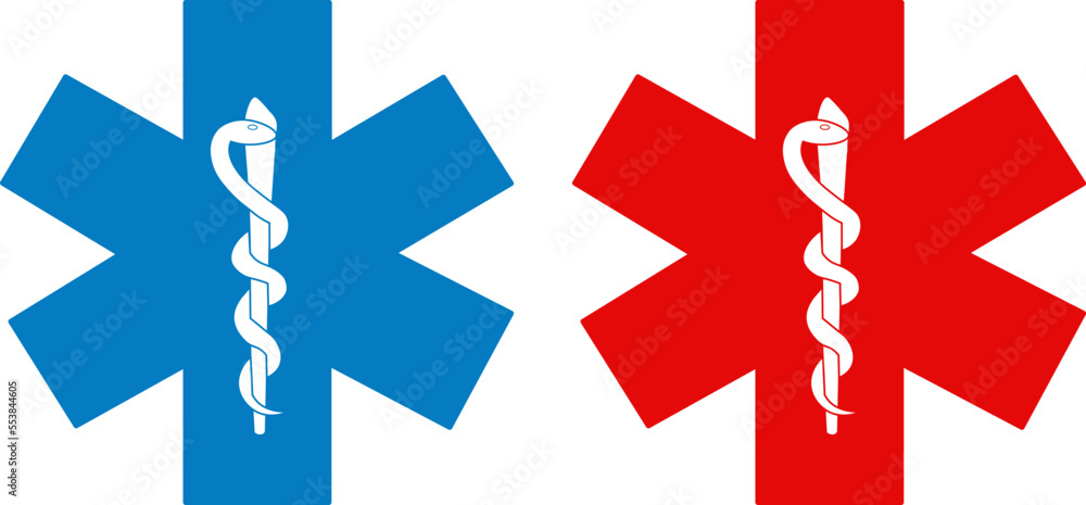 Medical symbol set red and blue Star of Life with Rod of Asclepius logo ...