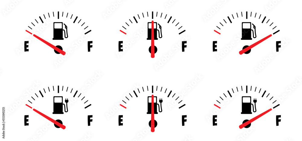 Cartoon fuel gauge. Car flling station. Petrol pump or electric plug ...