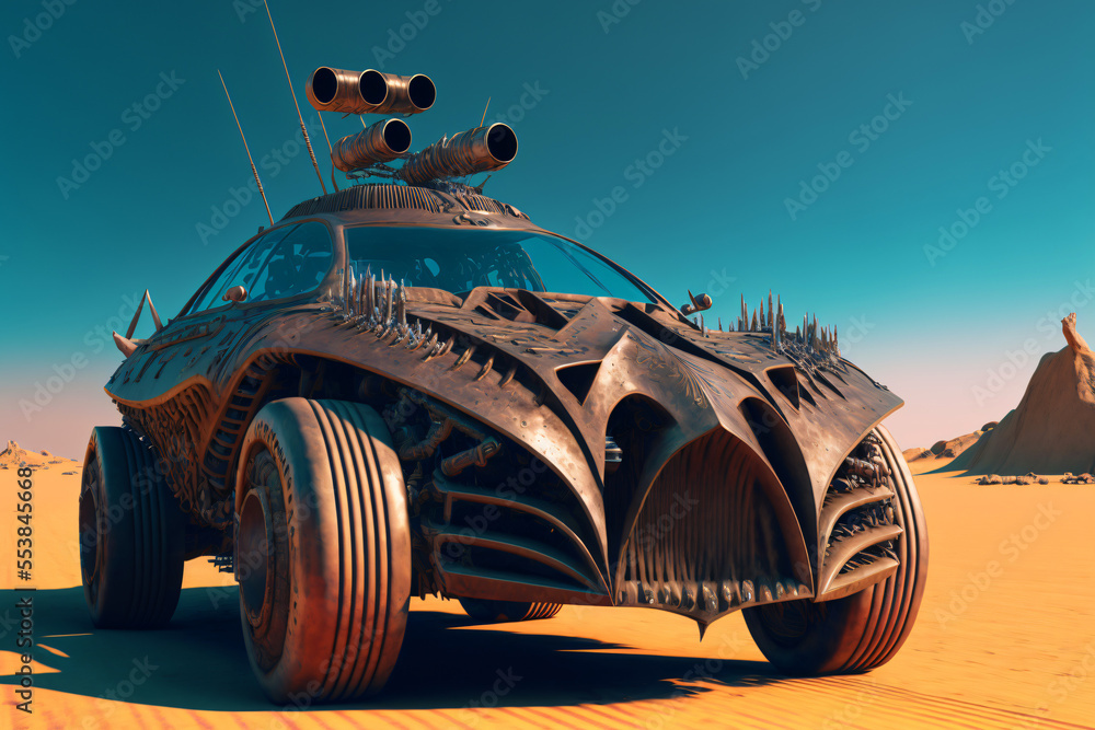 crazy futuristic car in the desert, post-apocalyptic 4x4 off road ...