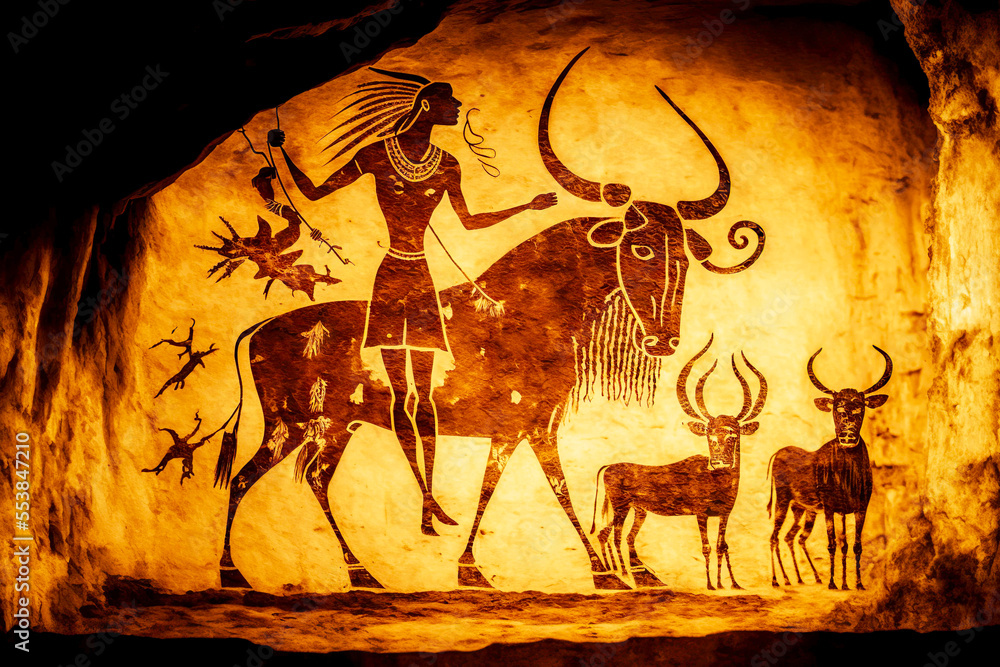 tribal cave painting of prehistoric human and animal Stock Illustration ...