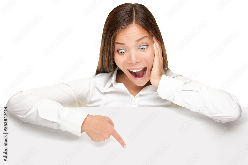 Fototapeta Advertising banner sign - woman excited pointing looking ...