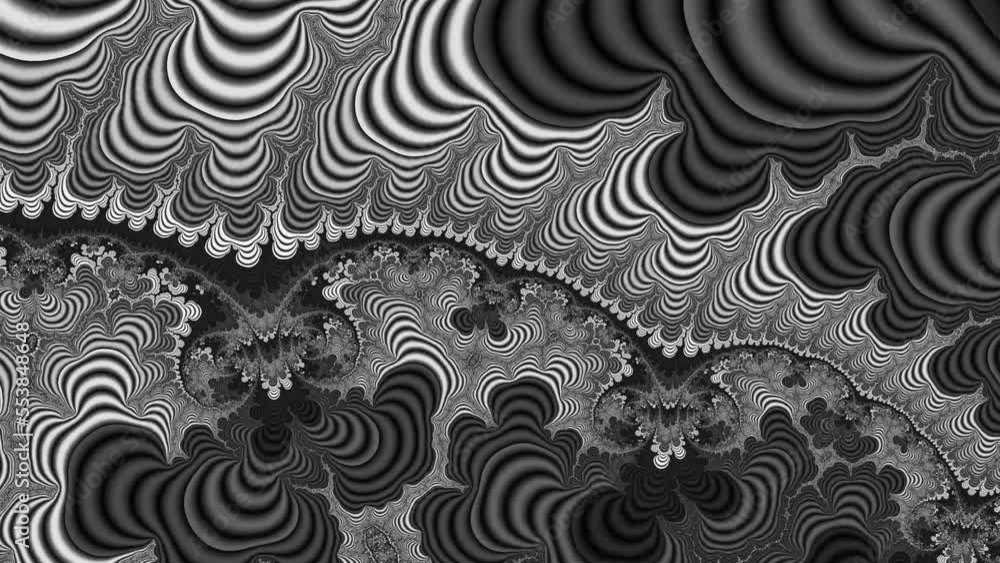 Camera movement inside a black and white bright fractal, similar to a ...