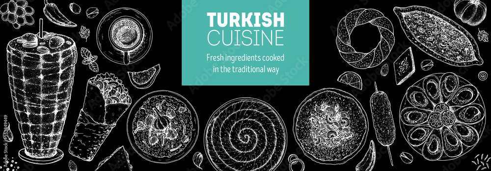 Turkish food vector illustration. Food menu design template. Hand drawn ...