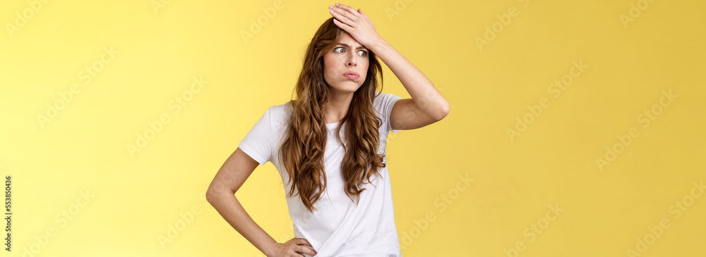 Foto de Perplexed tired troubled girl have lots work feel pressured distressed breath out ...